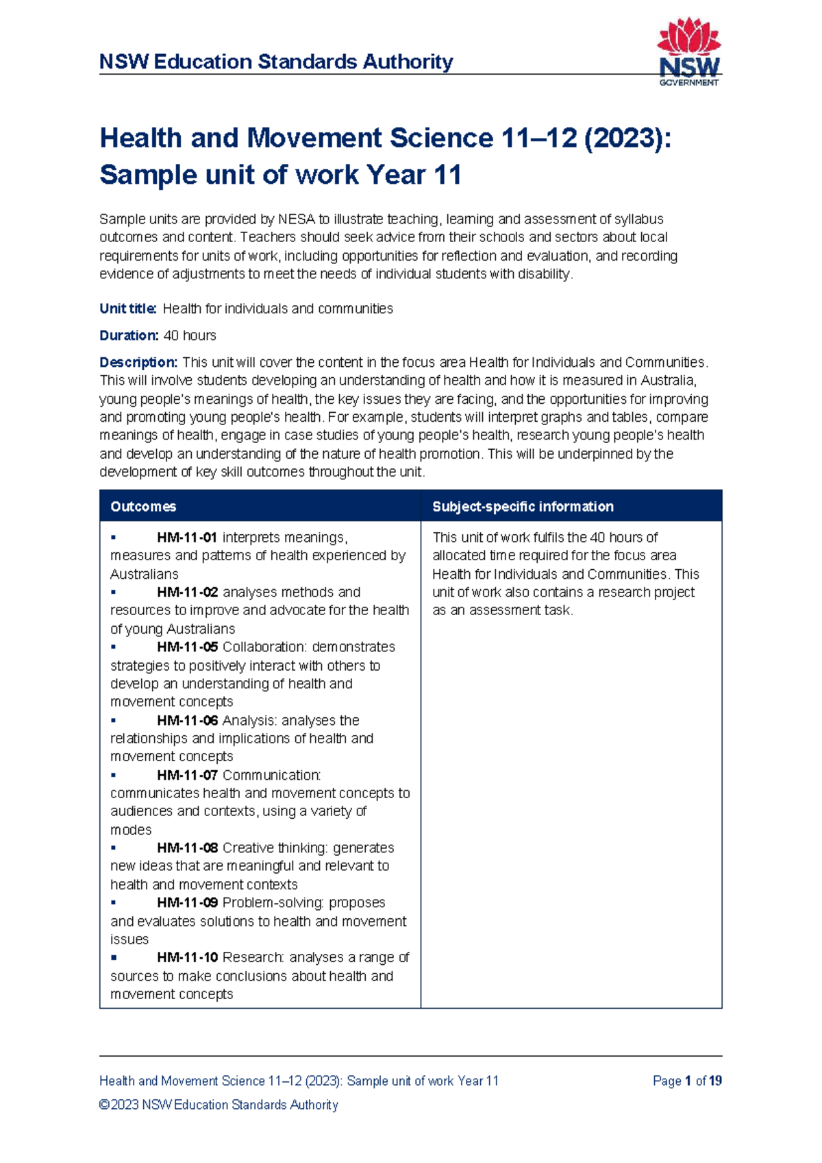 Health and Movement Science (2023): Year 11 Unit on Health for ...