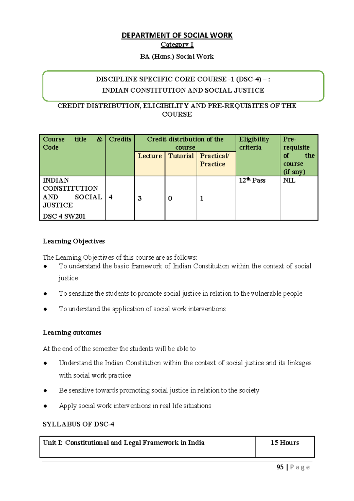BA (Hons.) Social Work - Yyy - DEPARTMENT OF SOCIAL WORK Category I BA ...