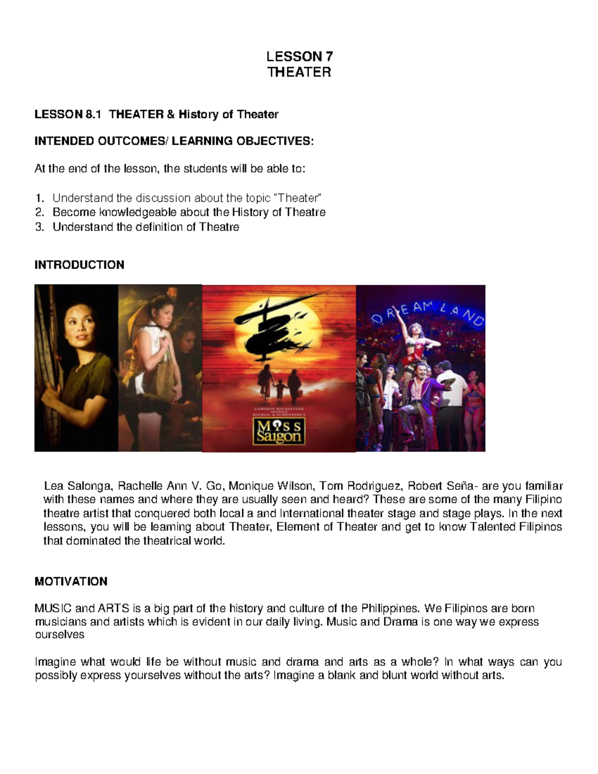 Lesson-7-Theater - Notes - LESSON 7 THEATER LESSON 8 THEATER & History ...