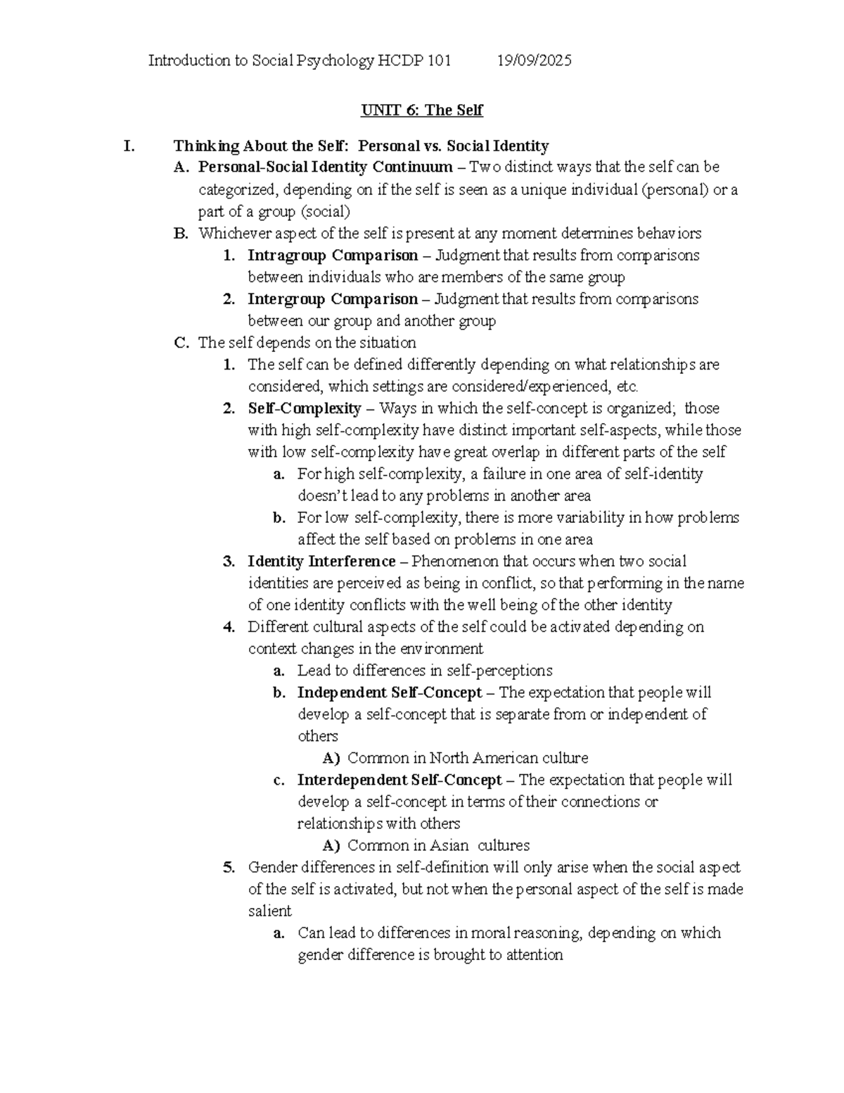 Introduction to Social Psychology HCDP 101: Lecture Notes on The Self ...