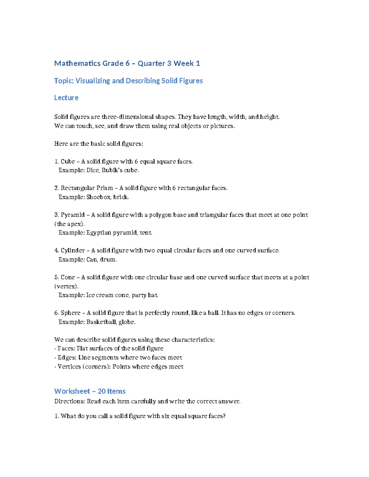 Math Grade 6 Q3W1 Lecture: Visualizing Solid Figures - Studocu