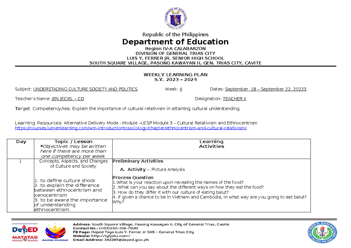 WEEK 4 UCSP Learning Plan: Understanding Culture & Society 2023-24 ...