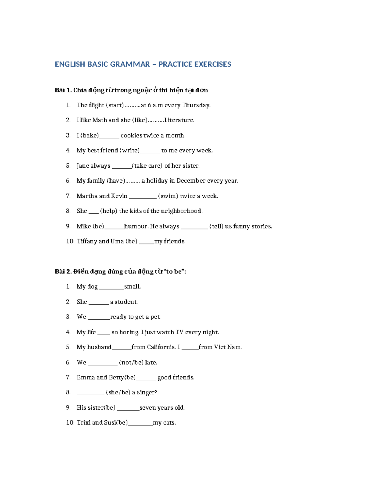 ENGLISH BASIC GRAMMAR PRACTICE EXERCISES: Simple Present - Studocu