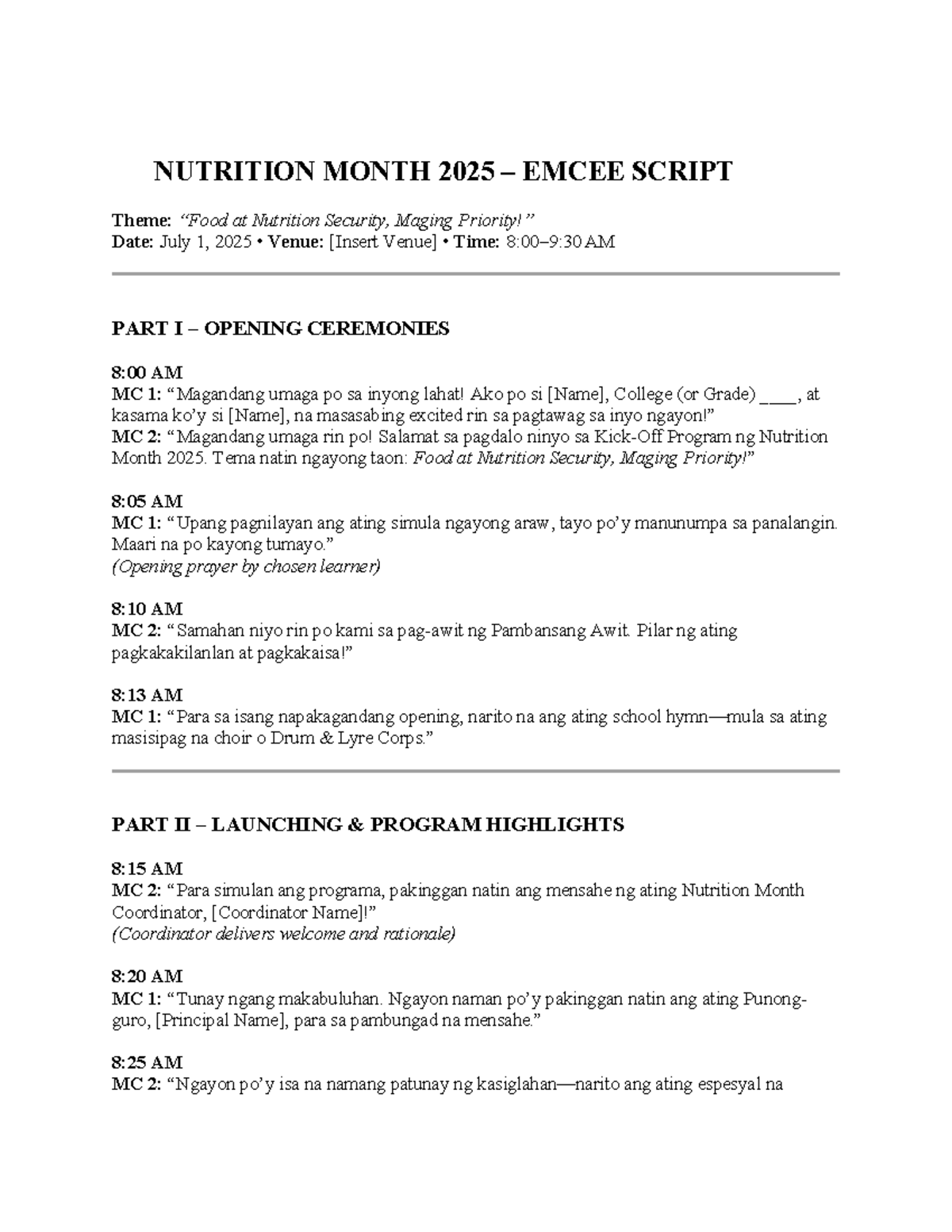 NUTRITION MONTH 2025 EMCEE SCRIPT: Food at Nutrition Security - Studocu