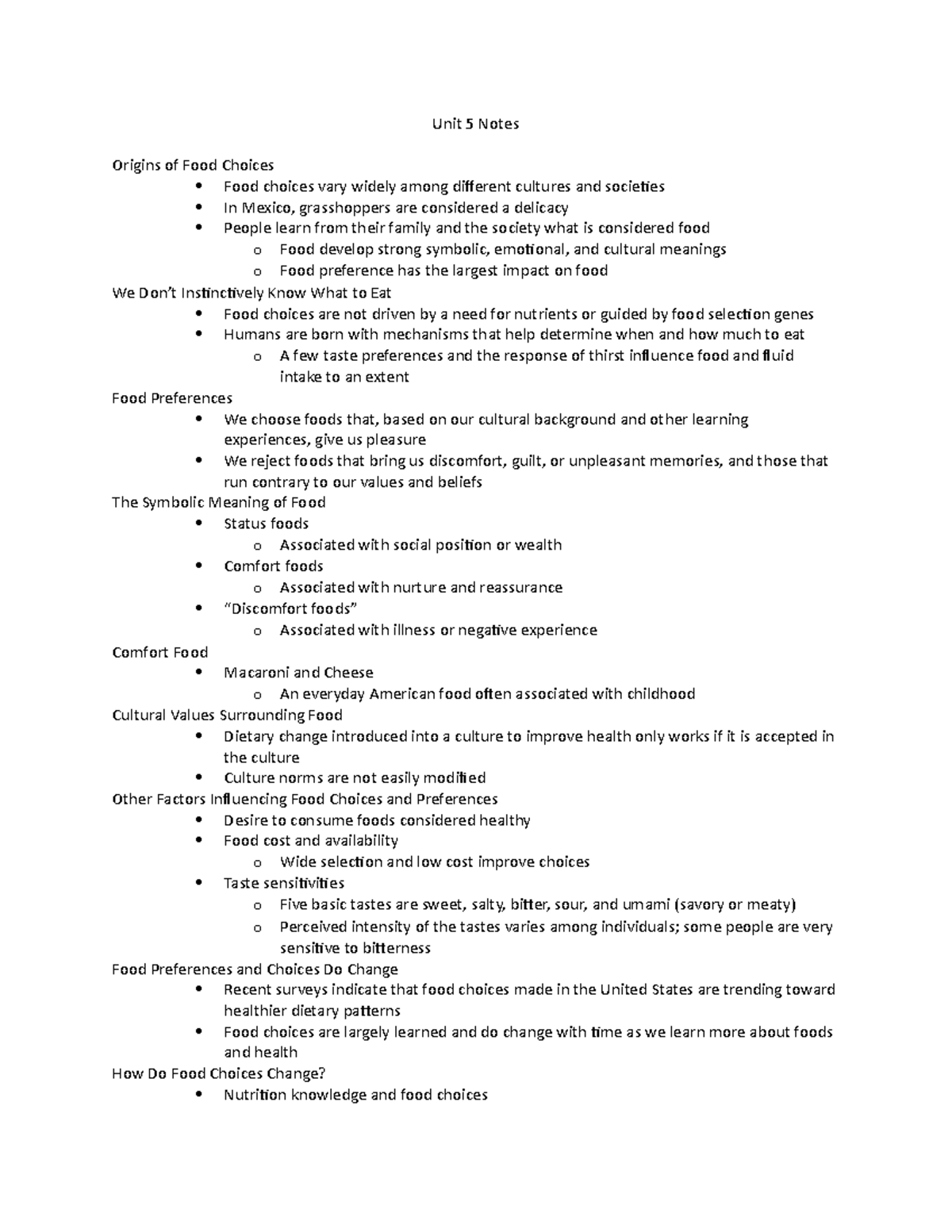 Unit 5 Notes - Understanding Food Choices and Cultural Influences - Studocu
