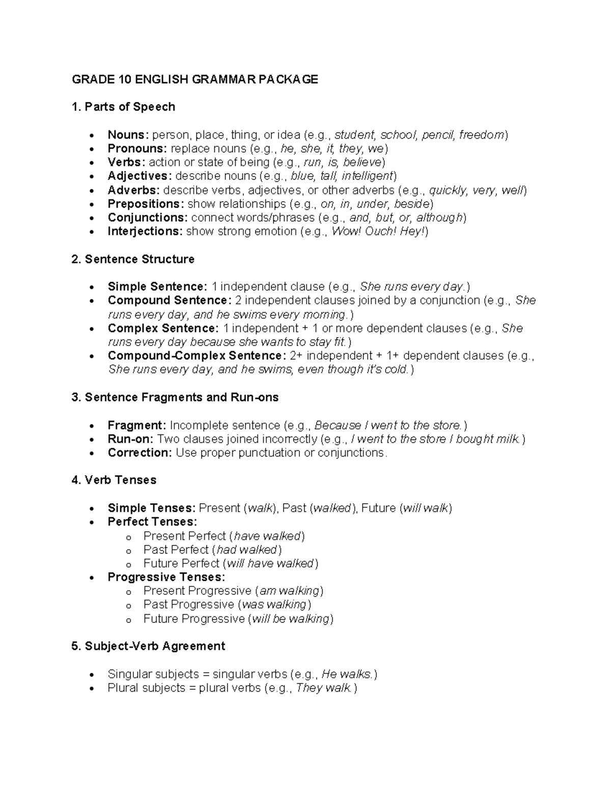 Grade 10 English Grammar Refresher: Parts of Speech & Sentence ...