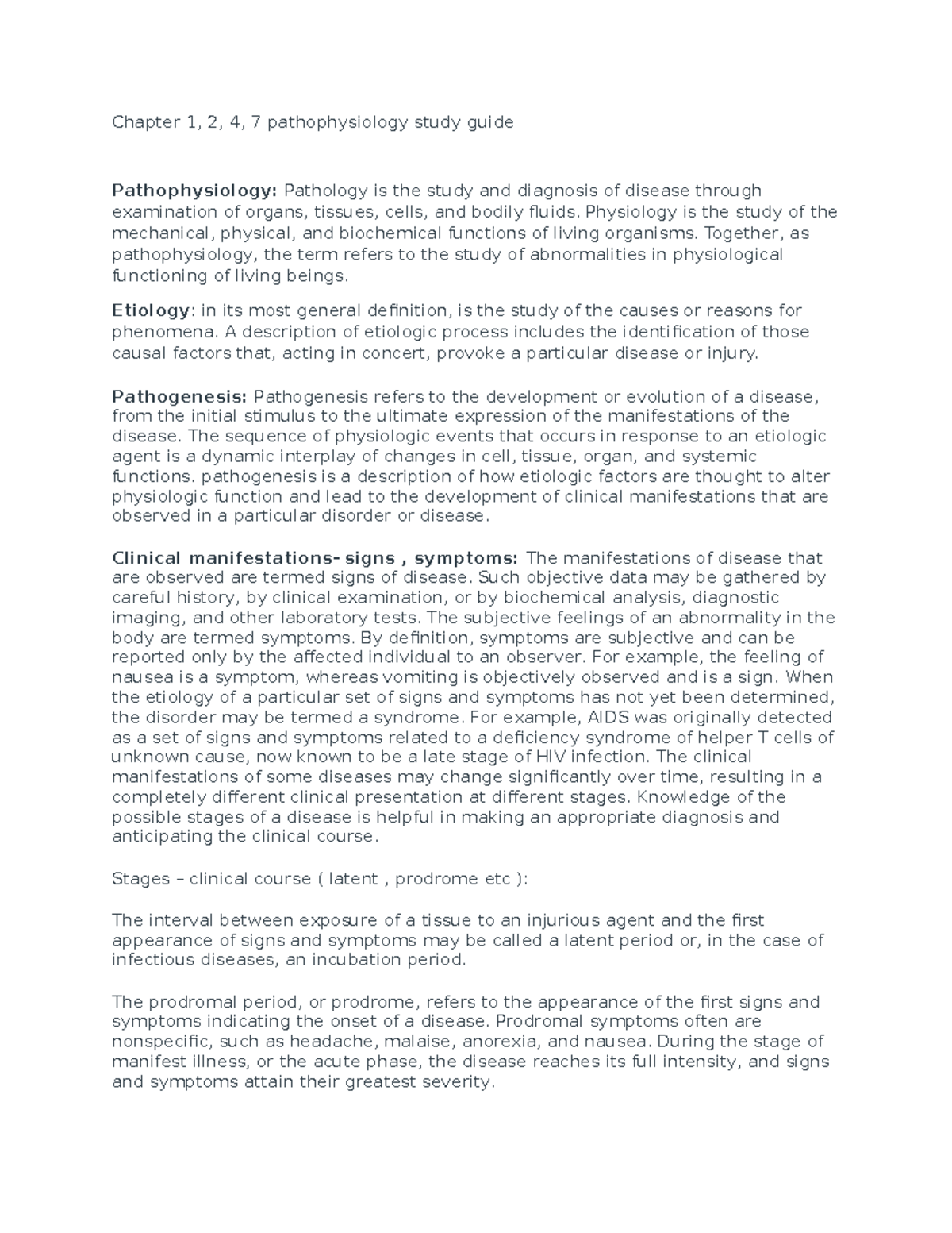 Pathophysiology Study Guide: Insights from Chapters 1, 2, 4, and 7 - Studocu
