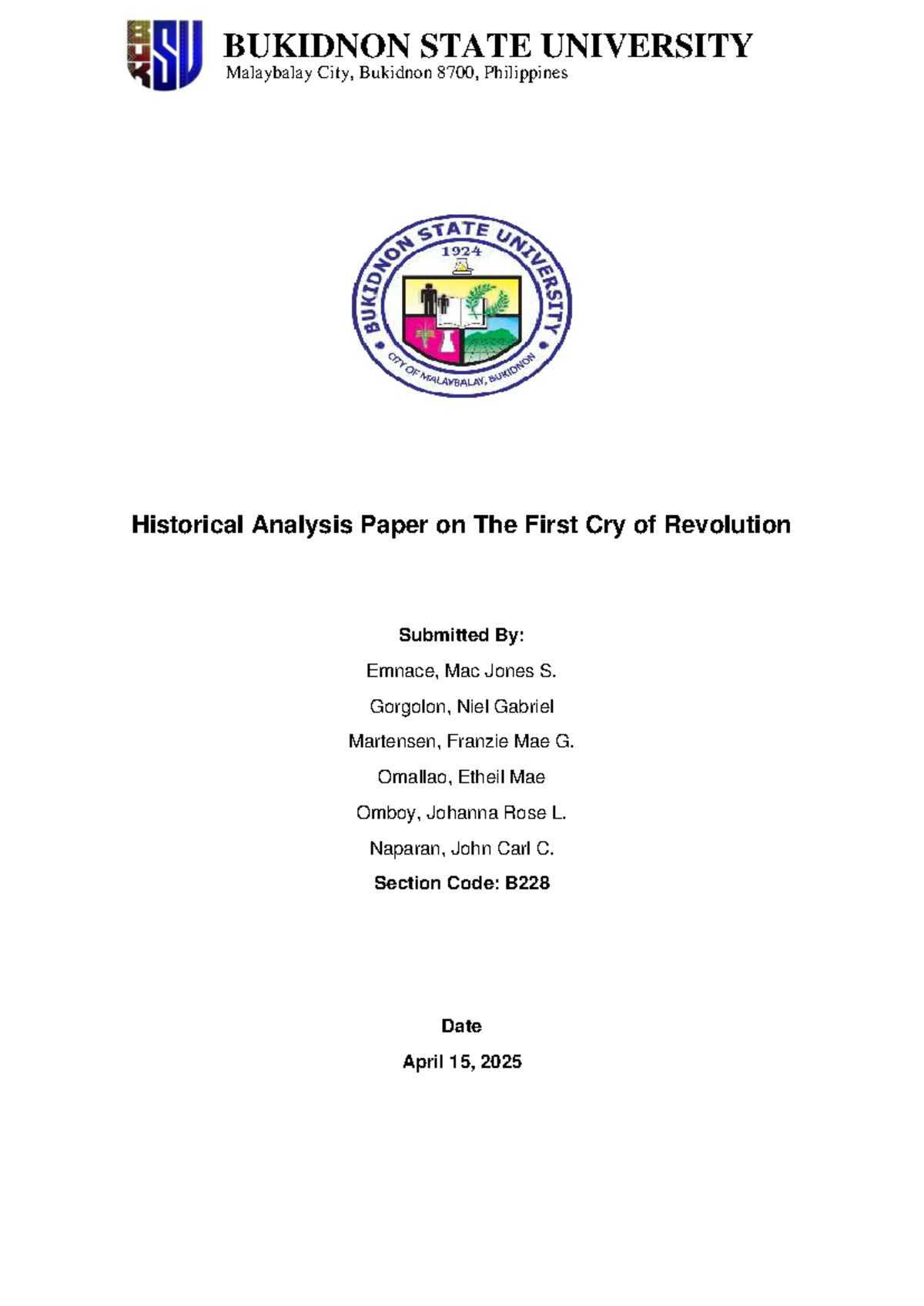 Historical Analysis of the First Cry of Revolution (B228) - Studocu