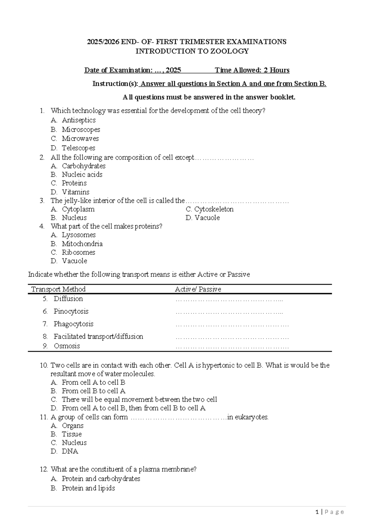 ZOO 101: FIRST TRIMESTER EXAMINATION IN INTRODUCTION TO ZOOLOGY - Studocu