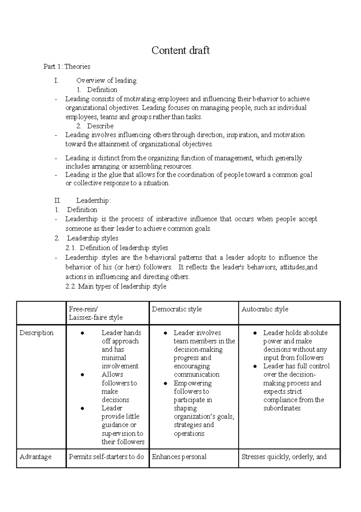 Content draft of management - Content draft Part 1: Theories I ...