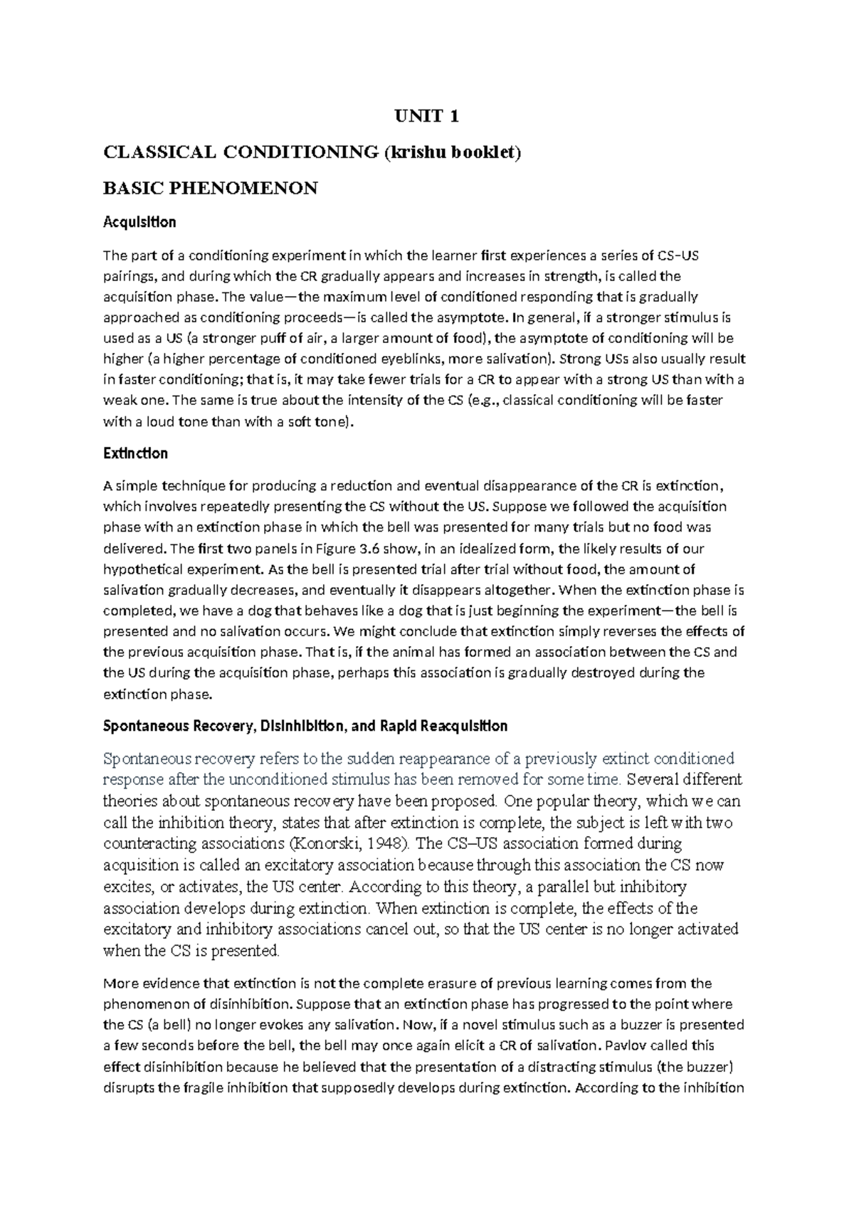 UNIT 1 - CLASSICAL CONDITIONING: Key Concepts & Processes - Studocu