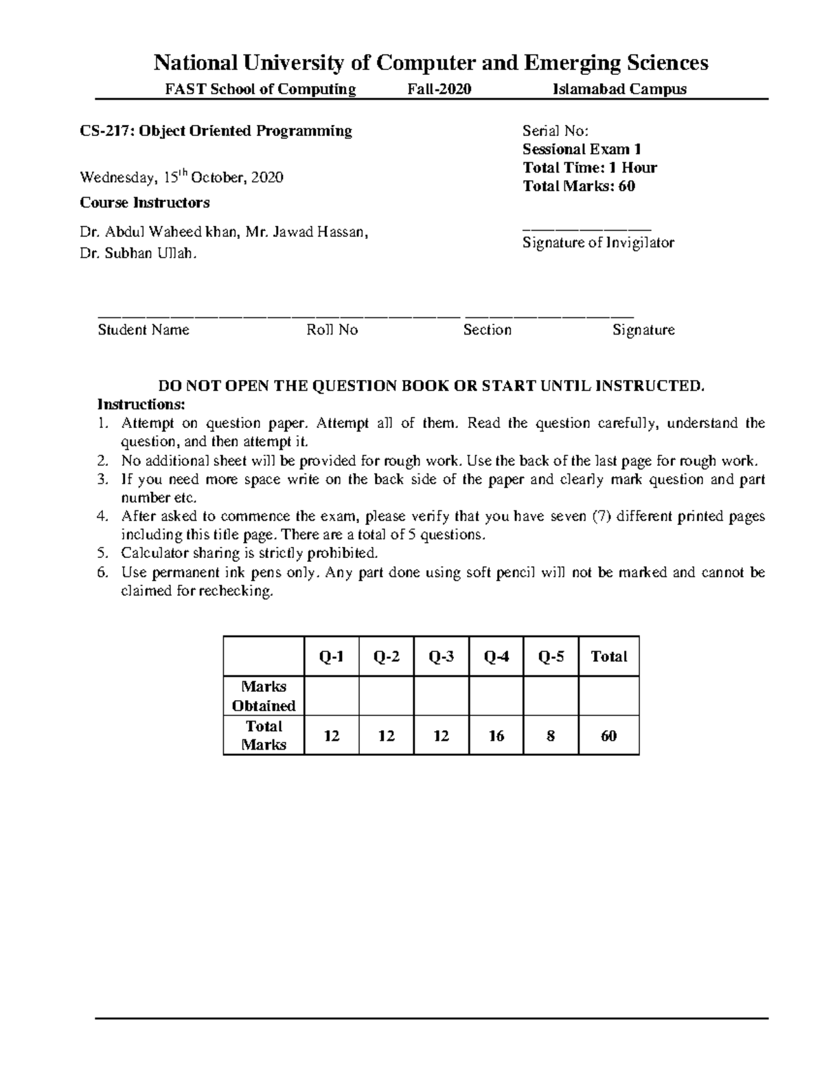 CS-217 Object Oriented Programming - Sessional 1 Exam Solutions - Studocu