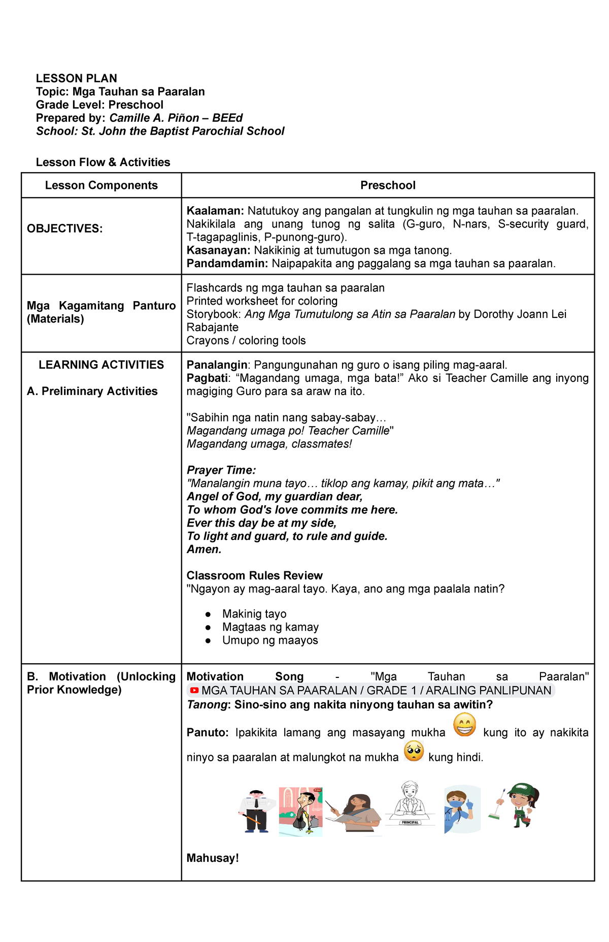 LESSON PLAN: Mga Tauhan sa Paaralan for Preschool (BEEd) - Studocu