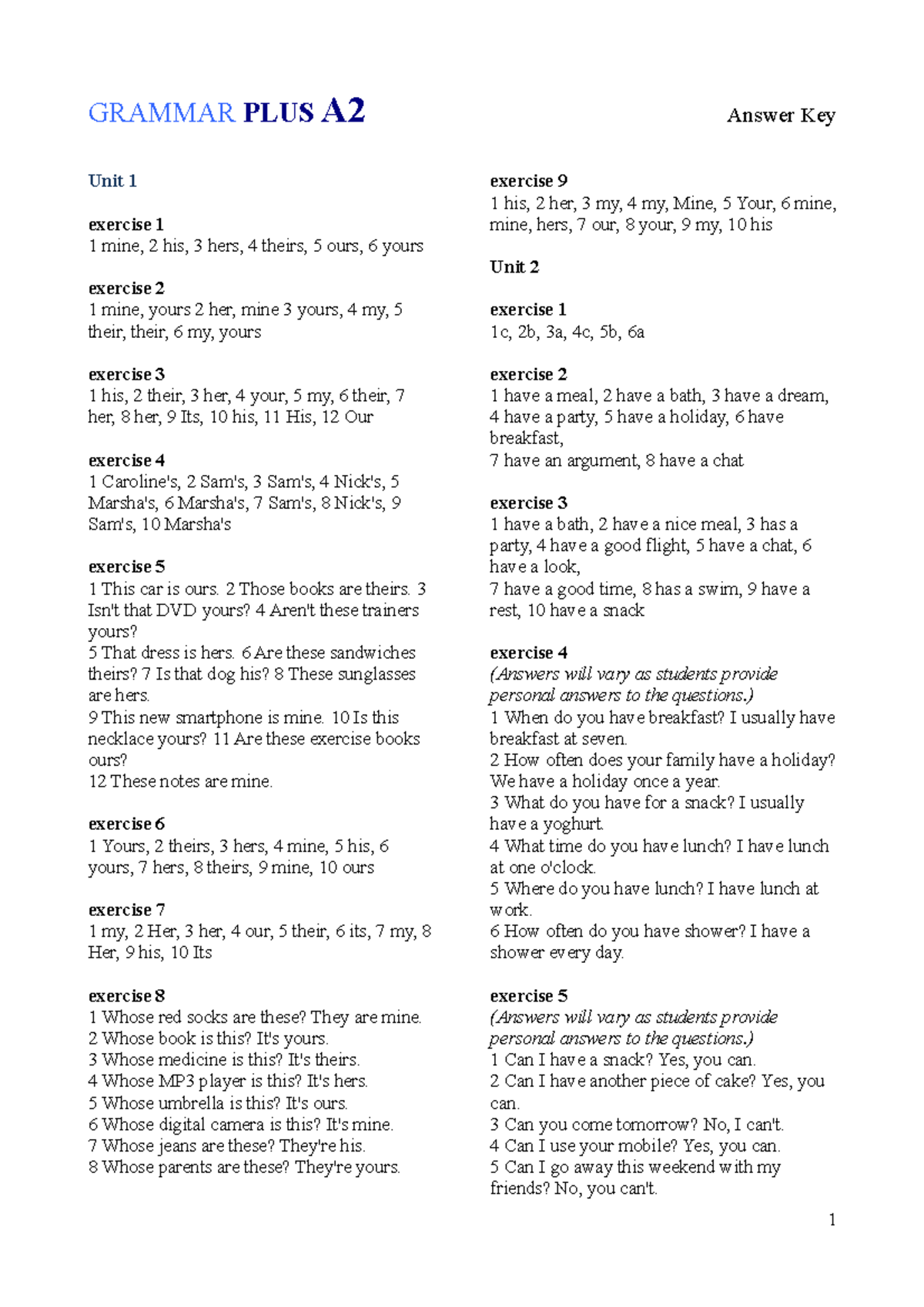 Grammar Plus A2: Comprehensive Answer Key for Units 1-24 - Studocu