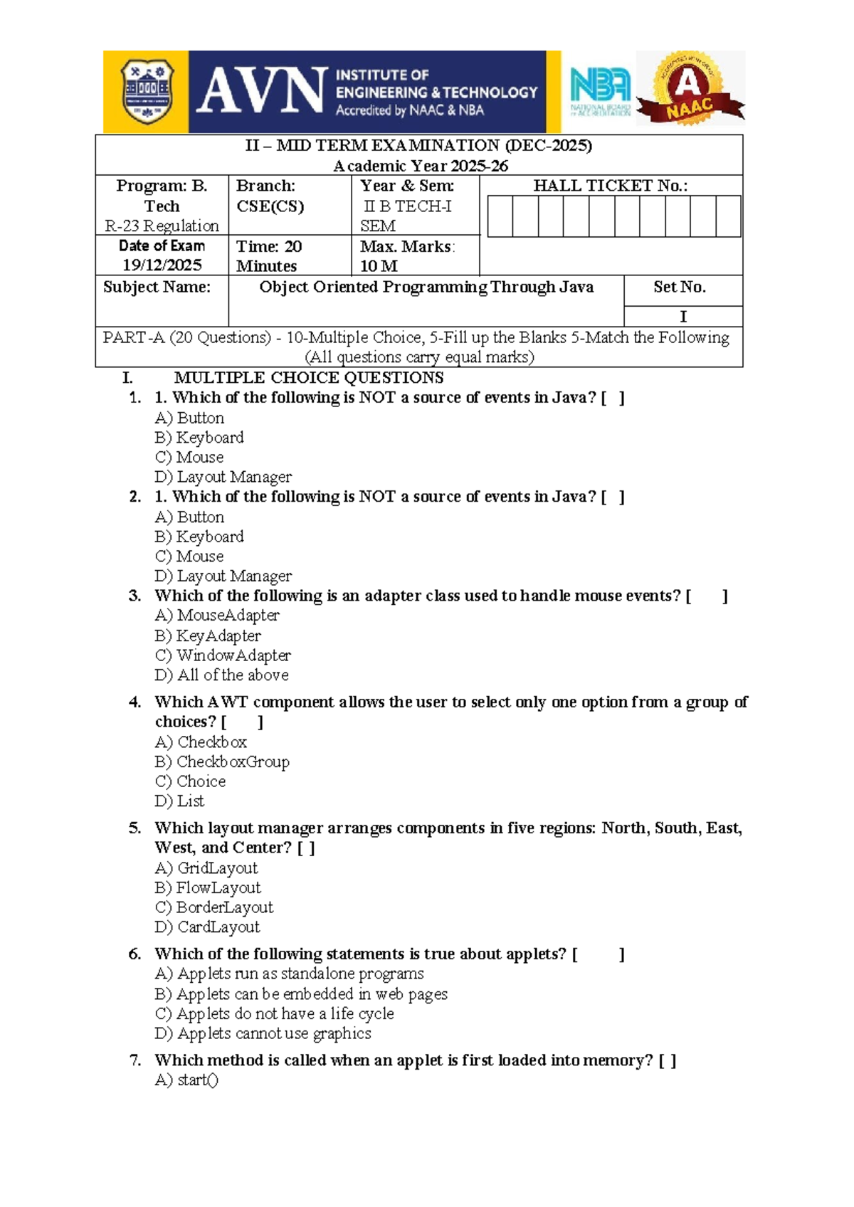 JAVA CSE II B SEM MID TERM EXAM OBJECT ORIENTED PROGRAMMING - Studocu
