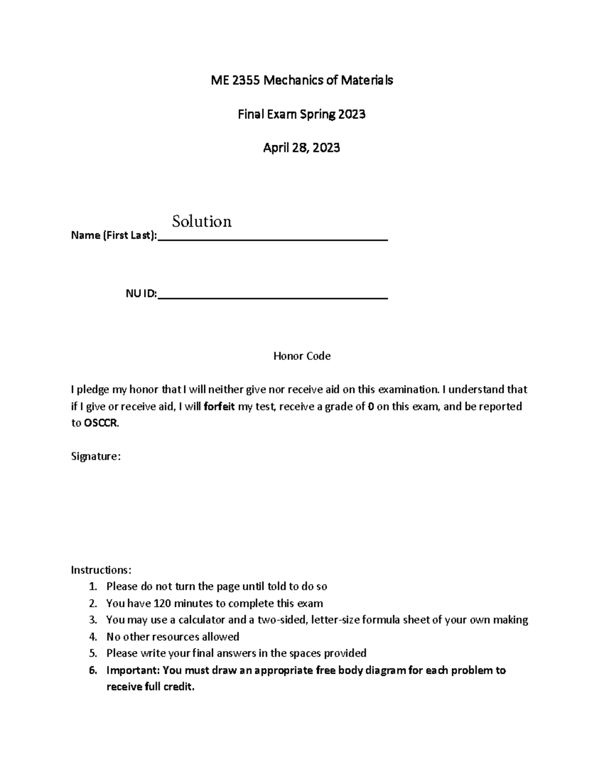 ME 2355 Mechanics of Materials Final Exam Solutions - Spring 2023 - Studocu