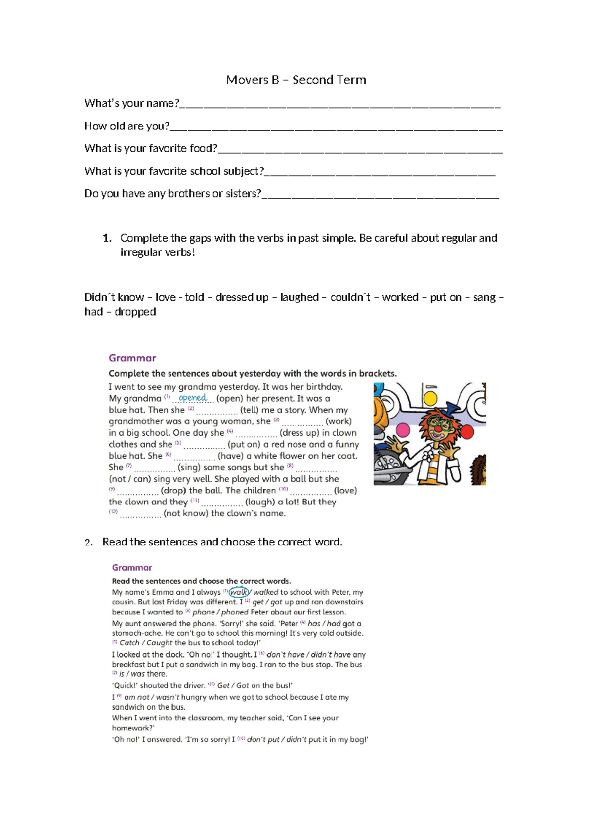 Movers B - Second Term Past Simple Verbs Practice and Activities - Studocu