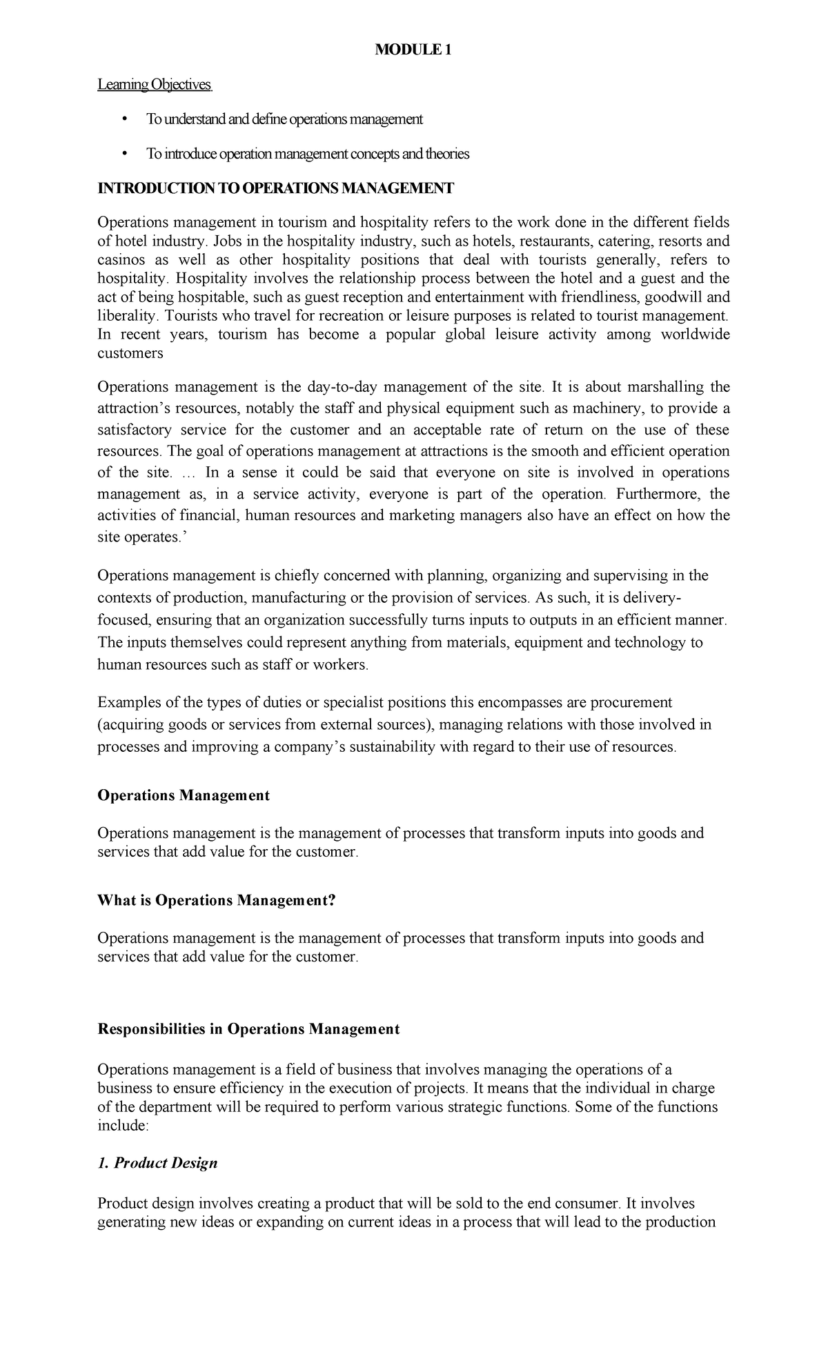 Operations Management in Tourism & Hospitality: Module 1 Overview - Studocu