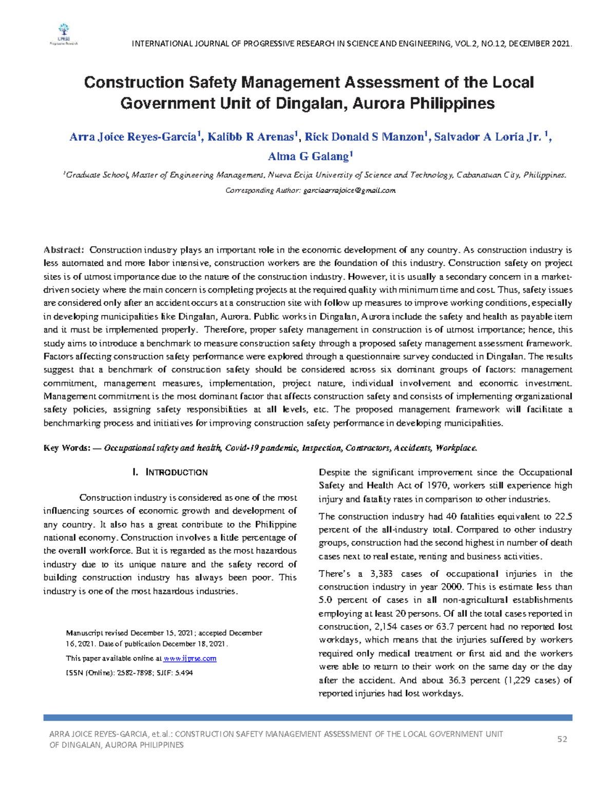Construction Safety Management Assessment: LGU of Dingalan, Aurora ...
