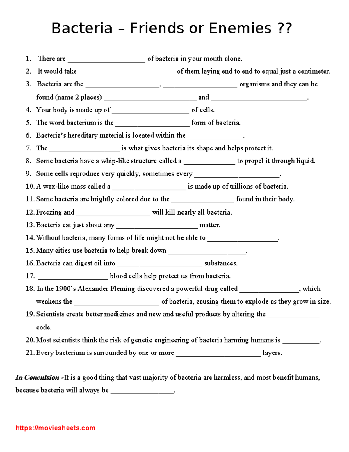 Bacteria film worksheet - Bacteria – Friends or Enemies ?? 1. There are