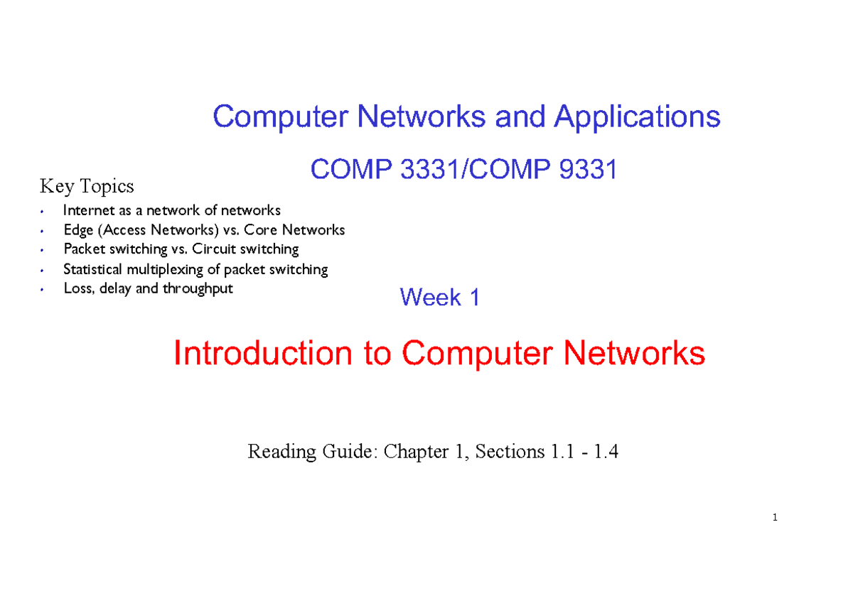 Key Topics in Computer Networks: COMP 9331 Week 1 Overview - Studocu