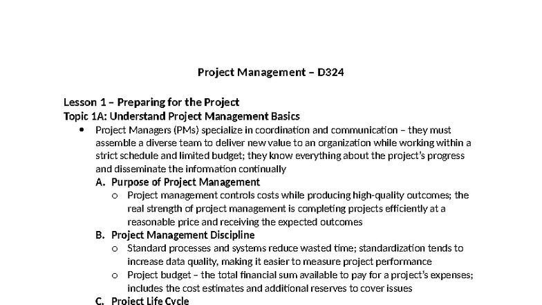 Project Management D324 Lesson 1: Fundamentals of Project Management ...