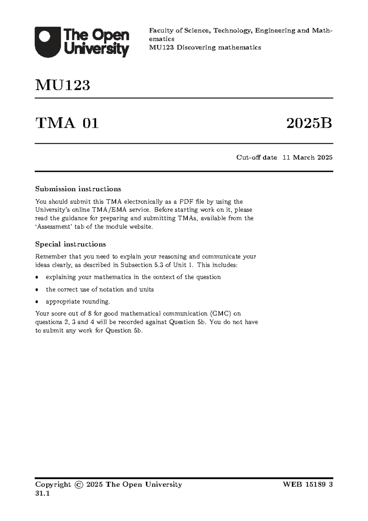 MU123 TMA 01 2025B: Discovering Mathematics Submission Guide - Studocu