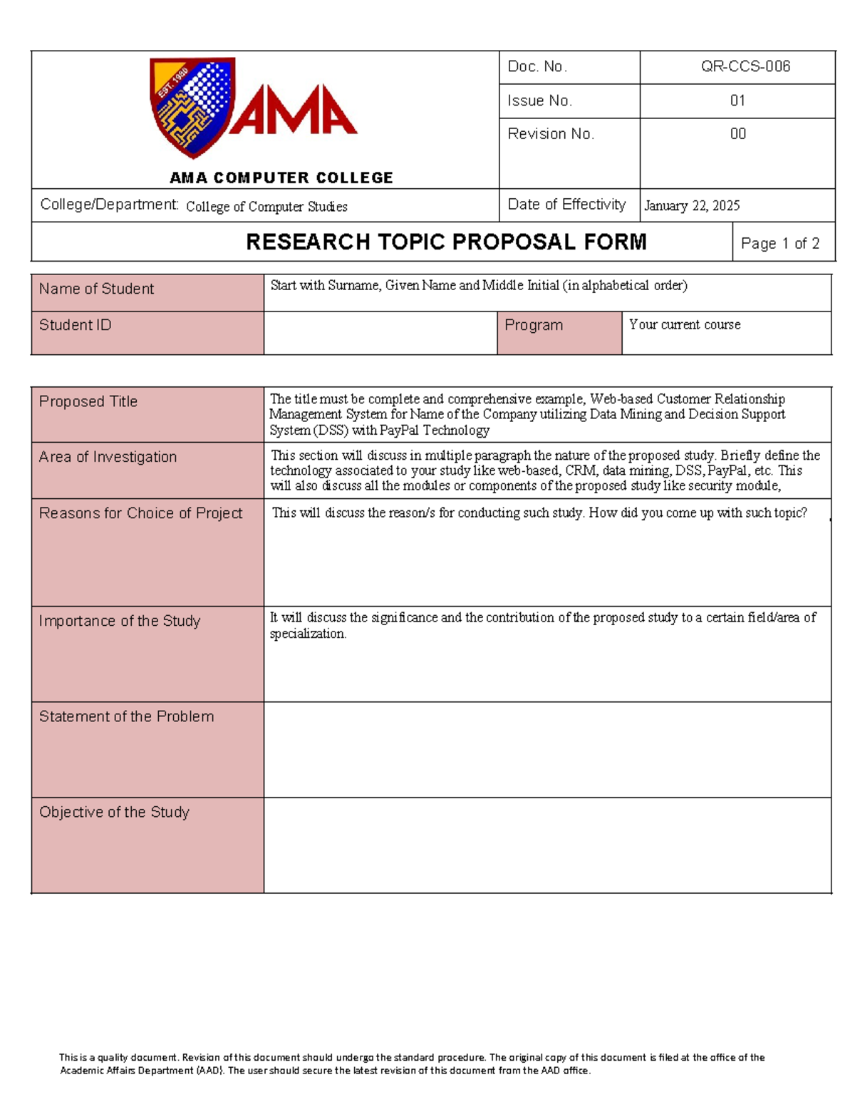 Research Proposal Form for Title Defense - AMA Computer College - Studocu