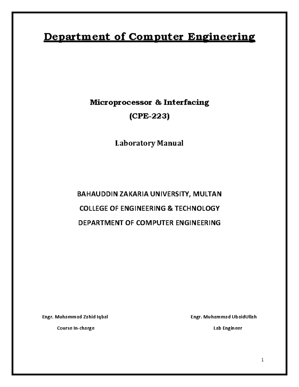 Microprocessor Interfacing Lab Manual - CE 101 - BZU - Studocu