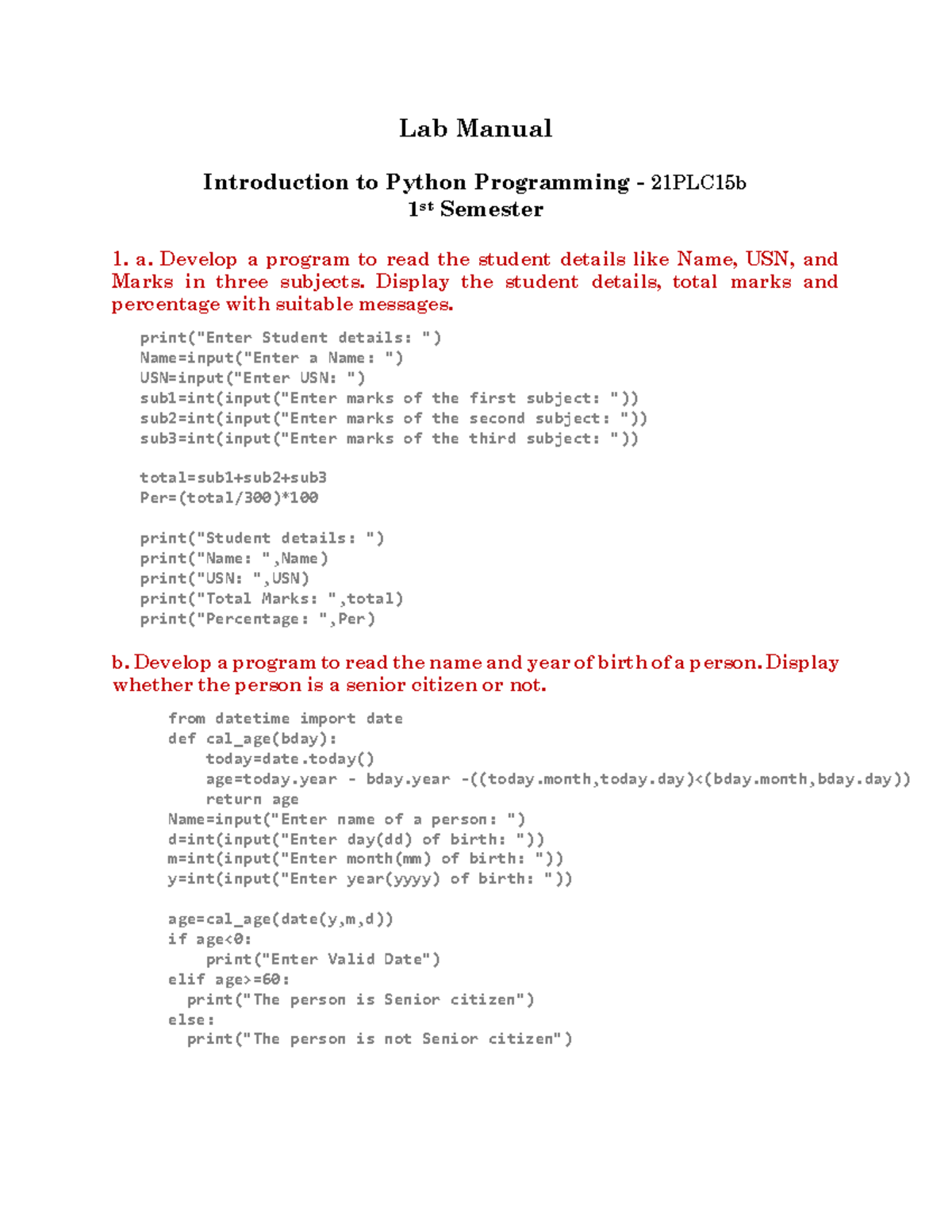 Python 1st Year Lab Manual - 21PLC15b Programming Exercises - Studocu