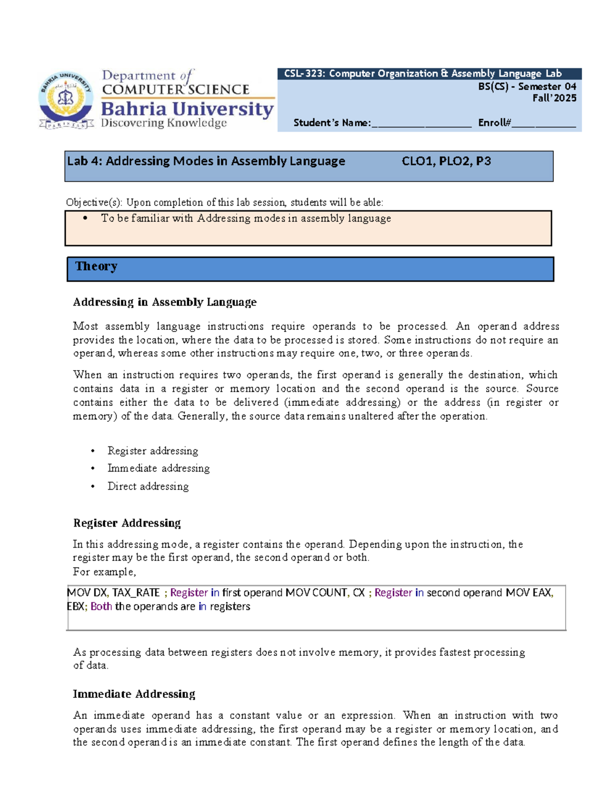 COAL Lab 04: Addressing Modes in Assembly Language (BS(CS) Sem 04) - Studocu