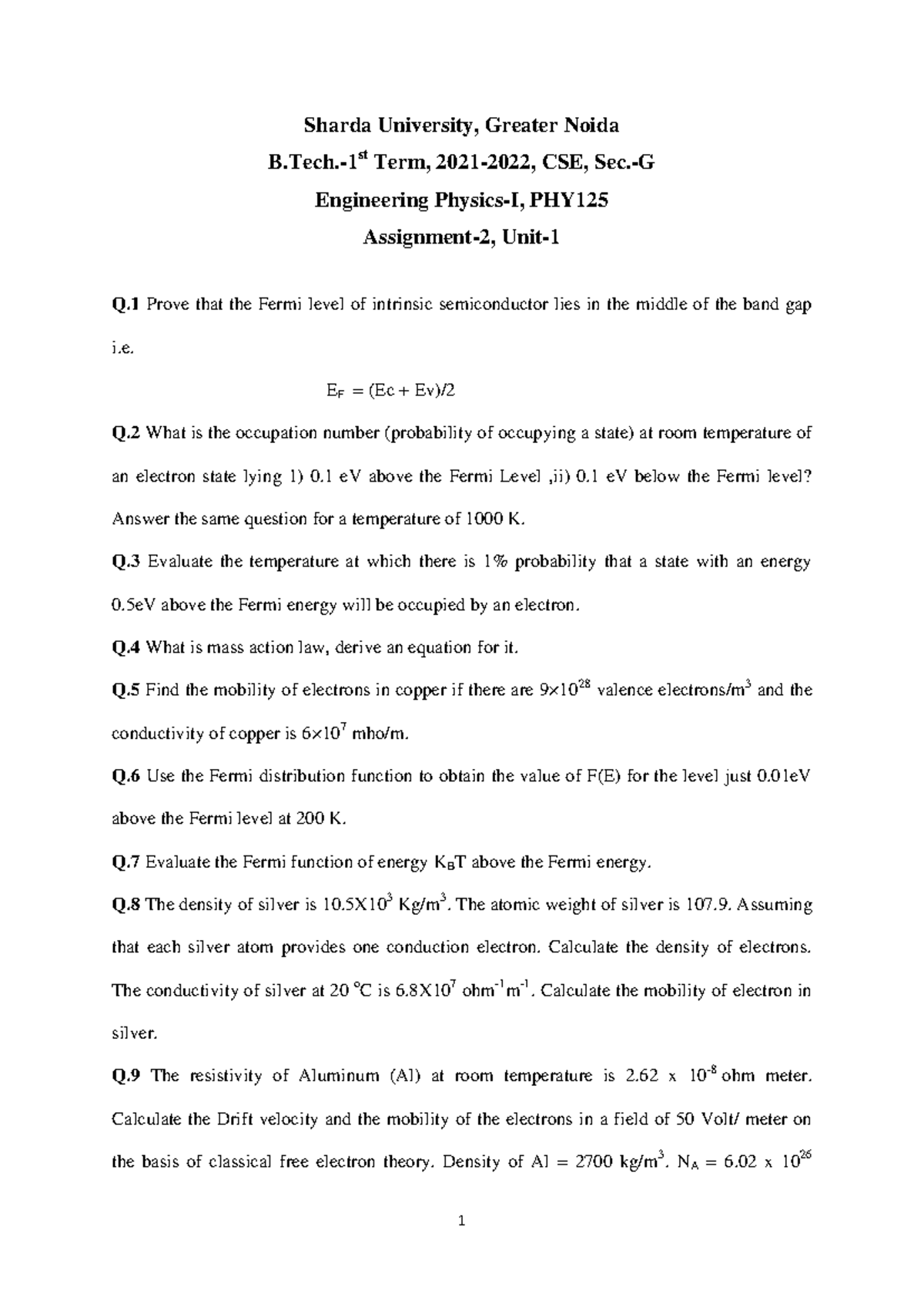 Assignment-2: Intrinsic Semiconductors & Transport Phenomena in PHY125 - Studocu