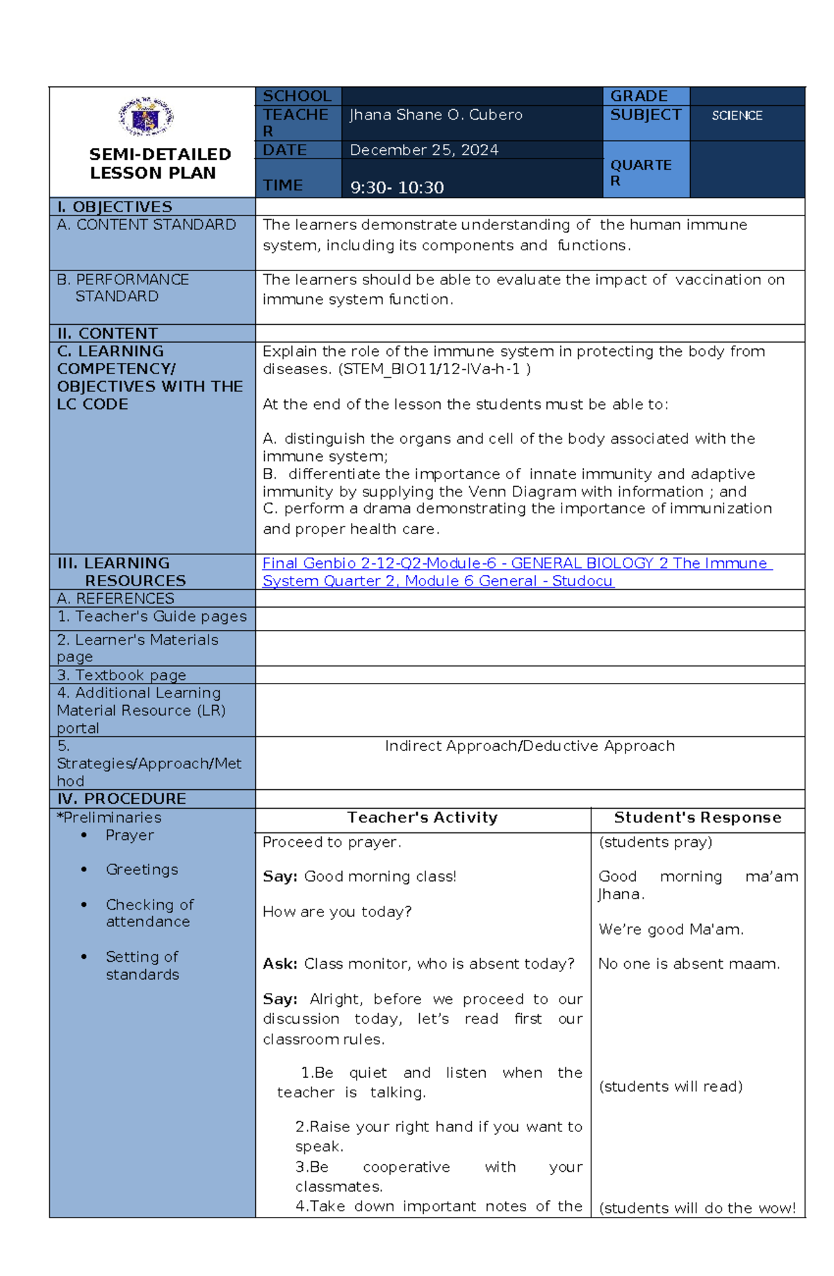 Immune System Lesson Plan: Objectives & Activities for General Biology ...