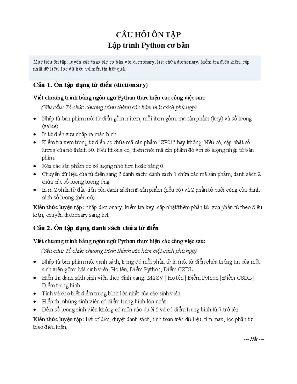 ÔN TẬP KTTX1 - Lập Trình Python Cơ Bản: Dictionary & List - Studocu