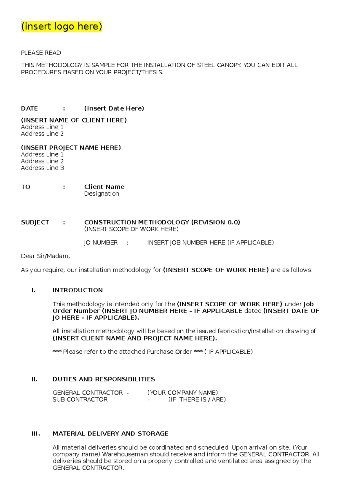 Construction Methodology Template for Steel Canopy Installation - Studocu
