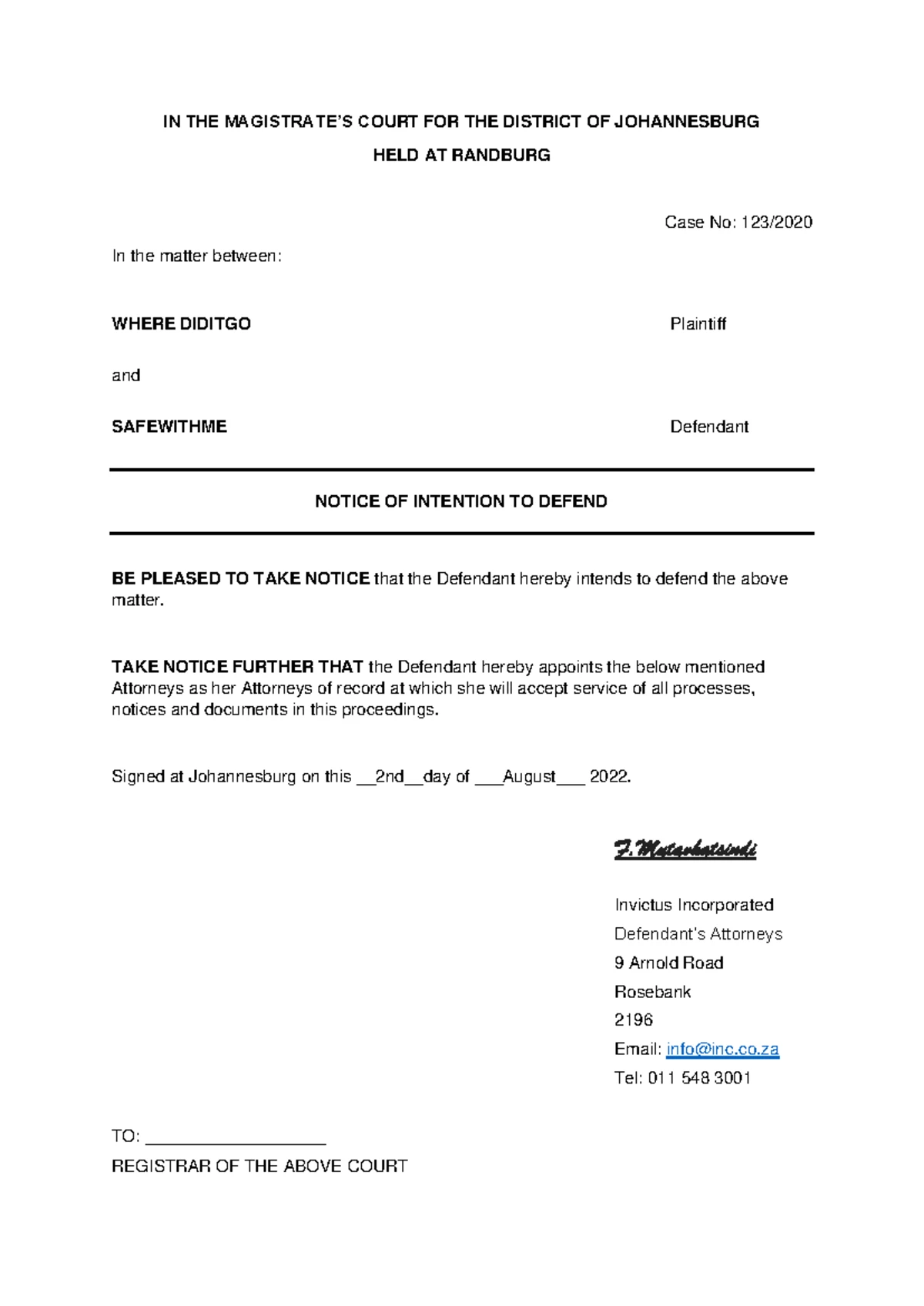 Opposing Affidavit in Case No. 123/ by Joe Soap - Studocu