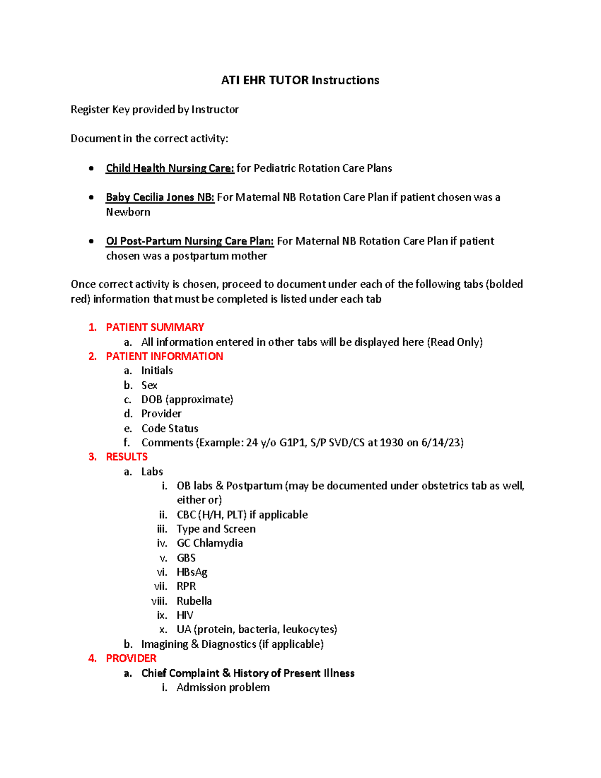 ATI EHR Tutor Instructions for Pediatric and Maternal Nursing Care Plans - Studocu