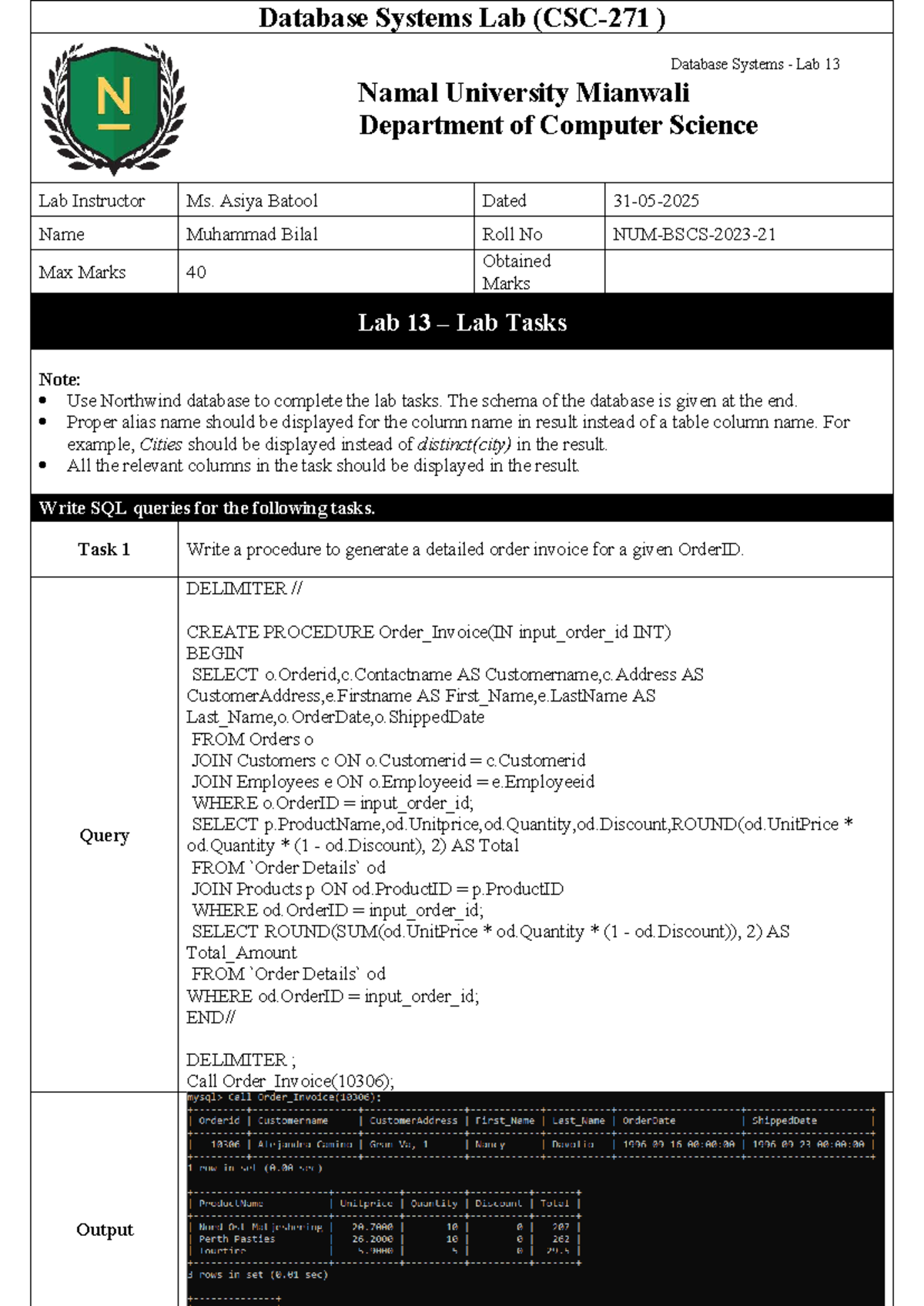 NUM-BSCS-2023-21 Lab 13 - Database Systems - Lab 13 1 Database Systems ...