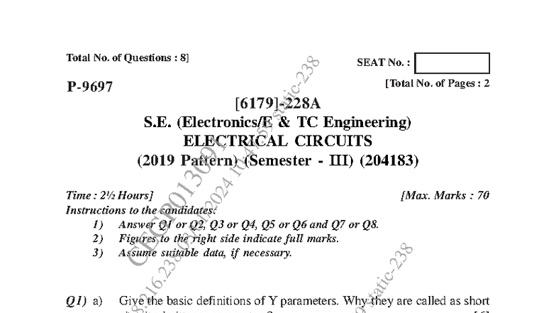 C 204183: Electrical Circuits 3rd Sem Dec 2023 Exam Paper - Studocu