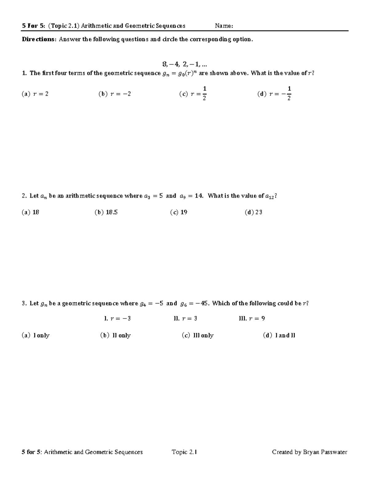 5 For 5: AP Pre Calc Topic 2.1 - Sequences Guide by Bryan Passwater ...