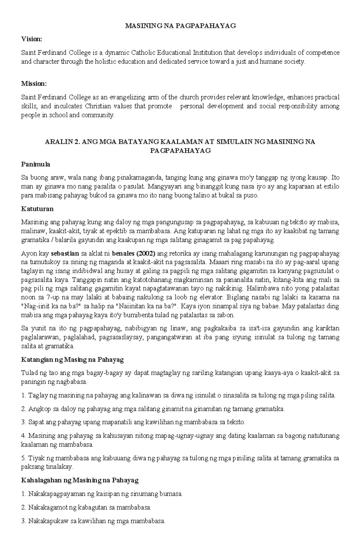 MASINING NA PAGPAPAHAYAG: Aralin 2 - Batayang Kaalaman at Simulain ...