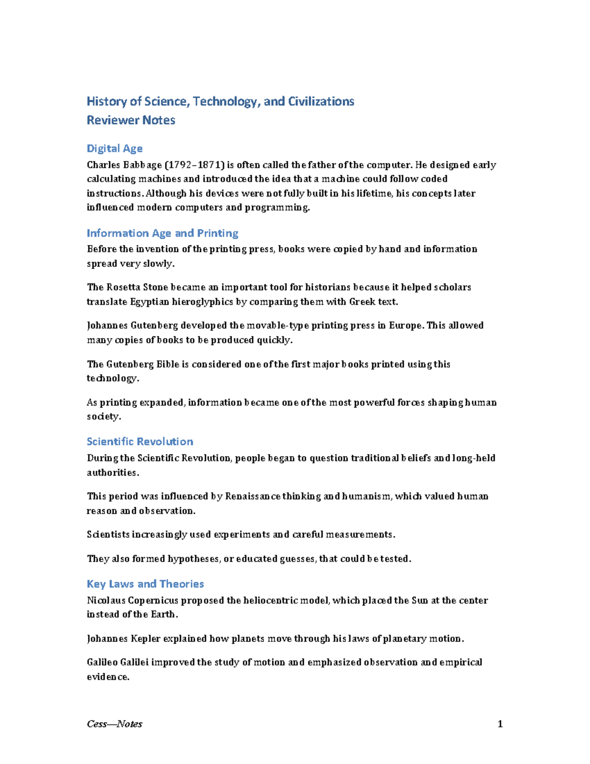 STS 101: History of Science, Technology, and Civilizations Notes - Studocu