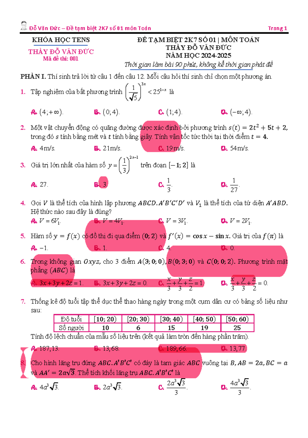 [TENS] Đề Tạm Biệt 2K7 Số 01 Môn Toán - Thầy Đỗ Văn Đức - Studocu