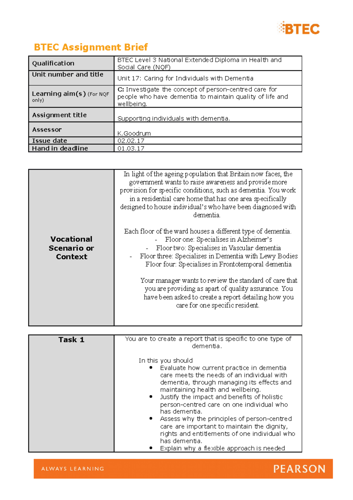 Unit 17 assignment brief 2 - BTEC Assignment Brief Qualification BTEC ...