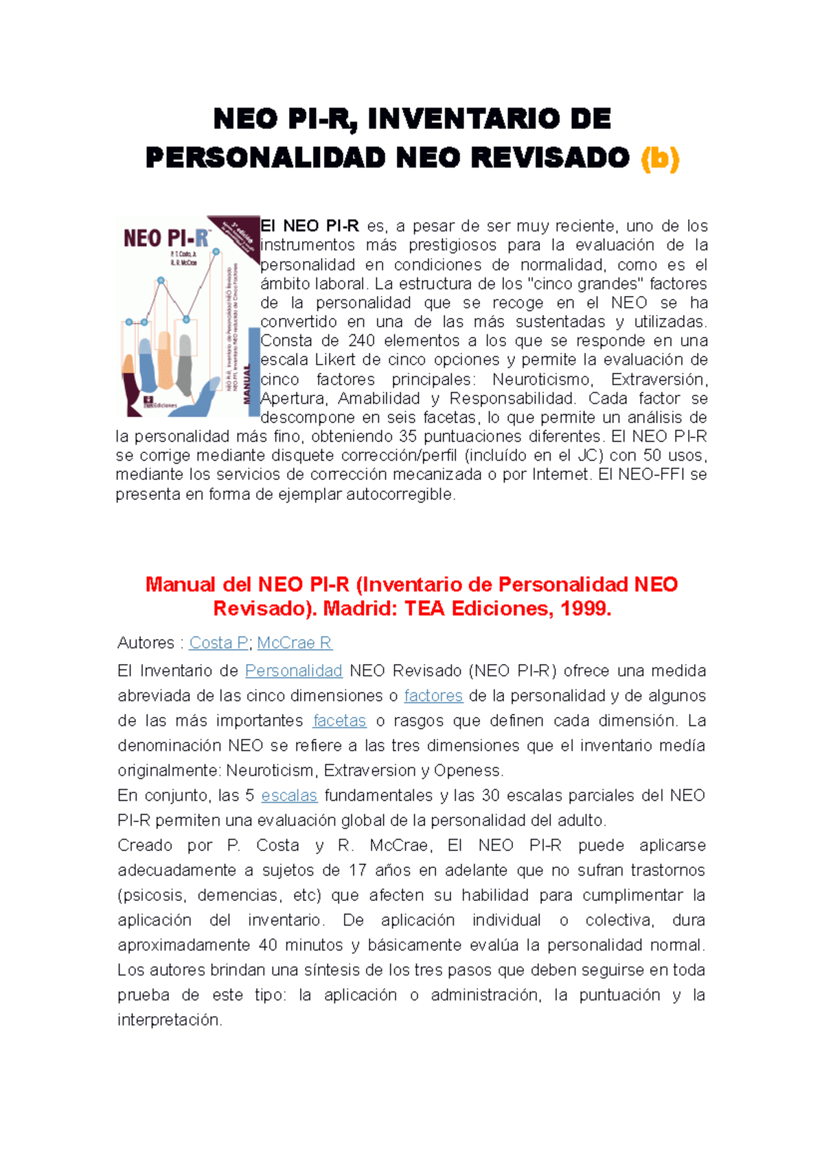 NEO PI Datos DEL Instrumento - NEO PI-R, INVENTARIO DE PERSONALIDAD NEO ...