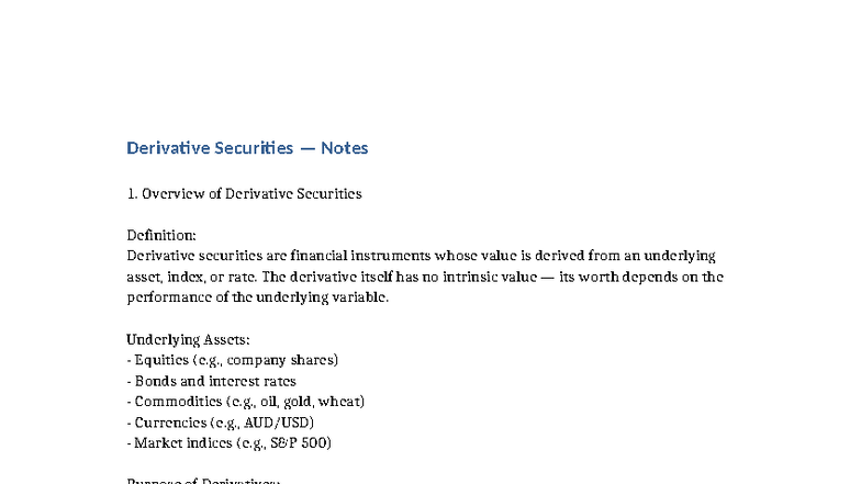 Derivative Securities Notes: Overview and Key Concepts - Studocu