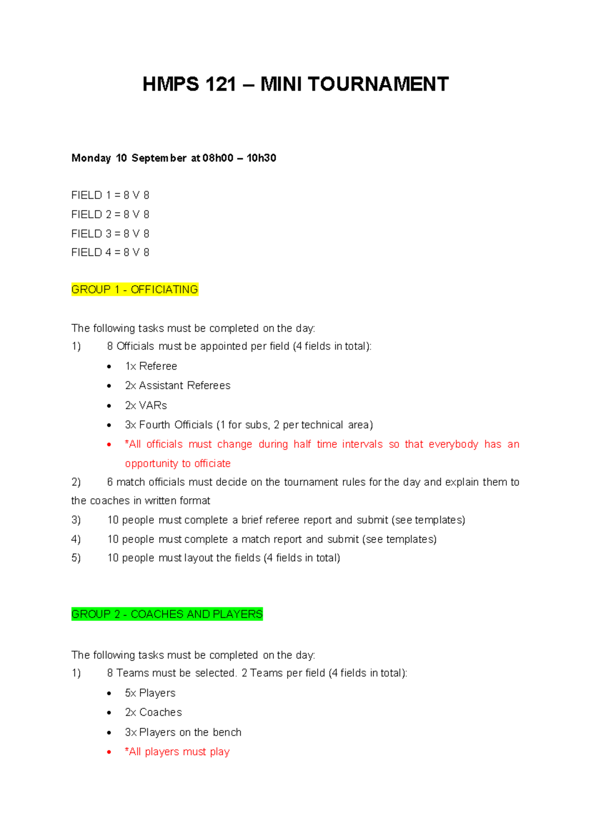 HMPS 121 Practical Mini Tournament Guidelines and Schedule - Studocu