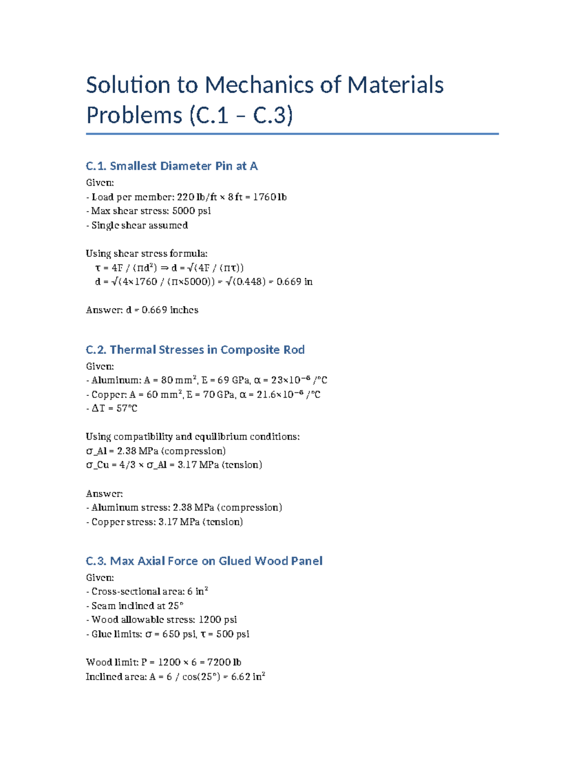 Mechanics of Materials Solutions (C.1, C.2, C.3) - Studocu