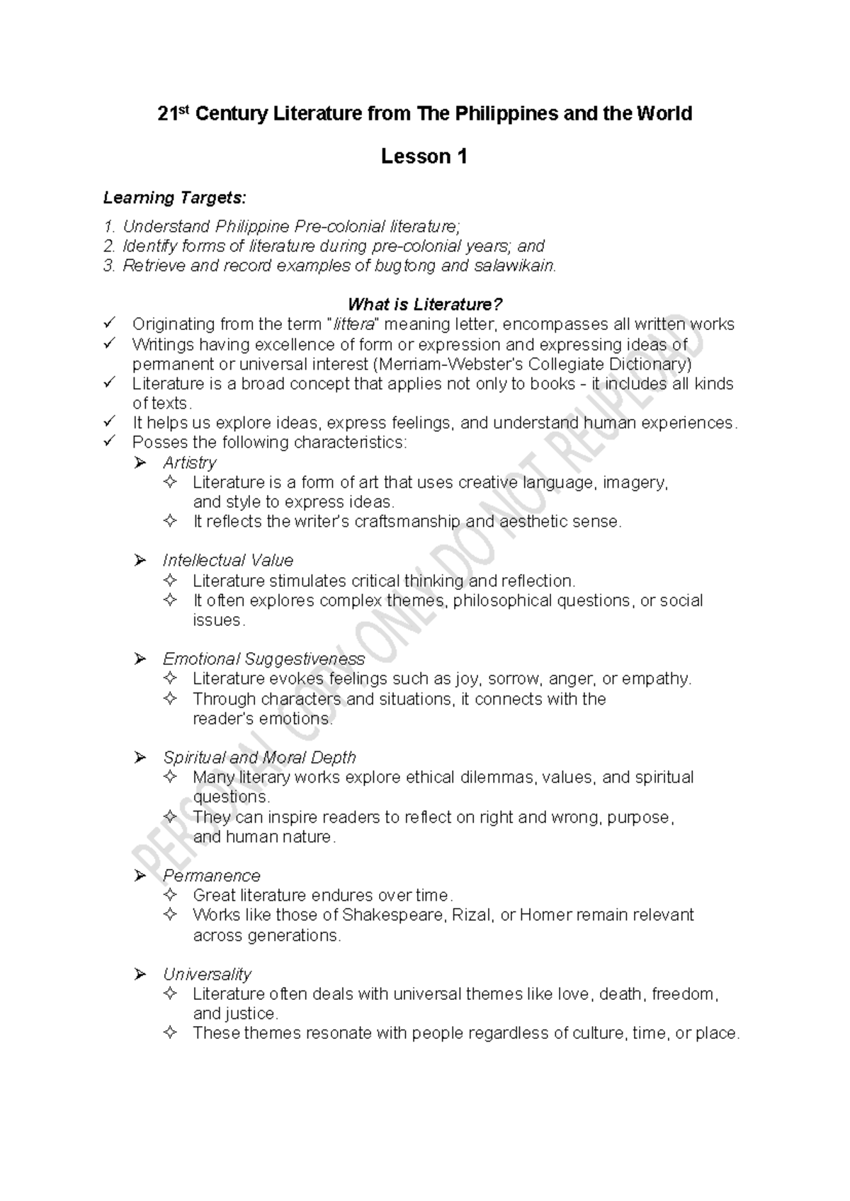SC 21LIT Lesson 1: Understanding Philippine Literature and Its Forms - Studocu