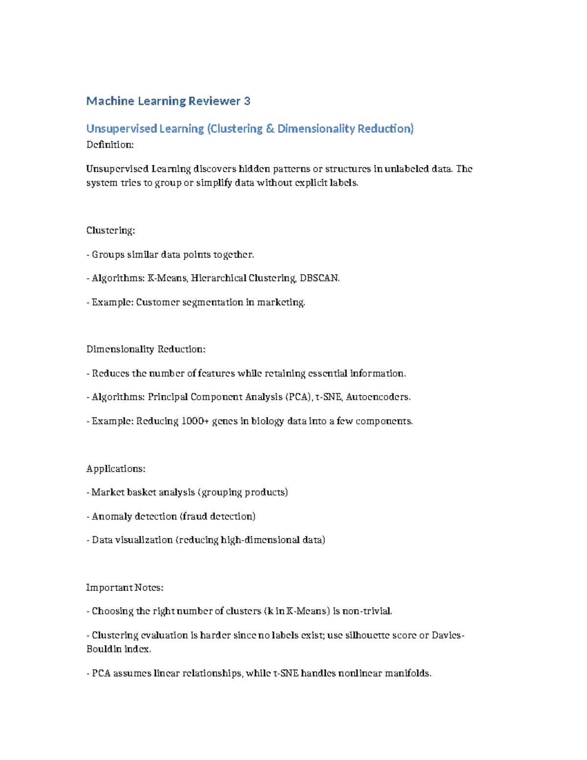 ML Reviewer 3: Unsupervised Learning & Clustering Techniques - Studocu